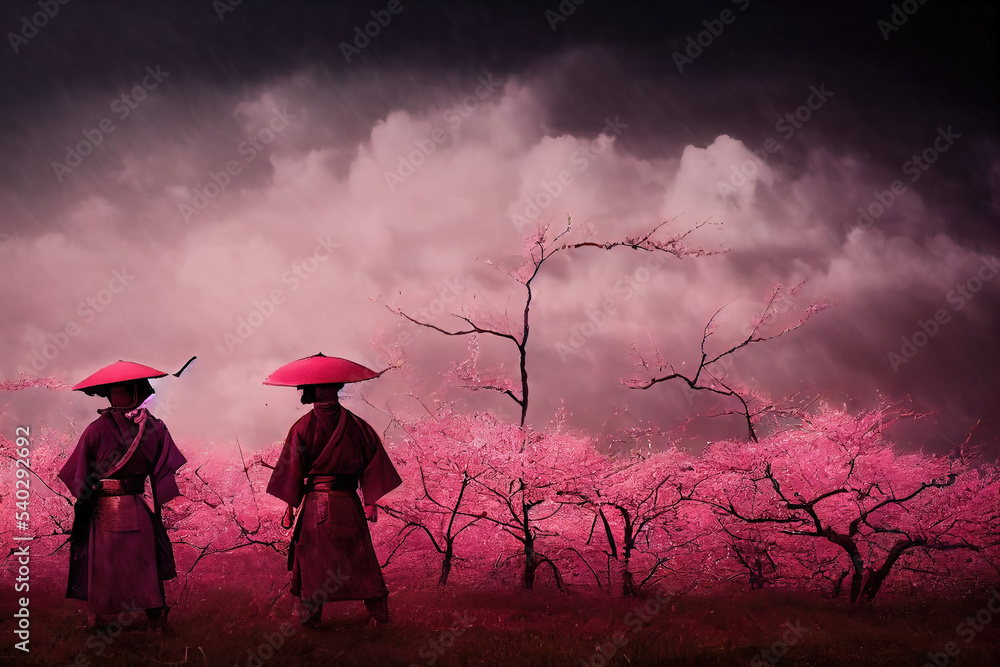 Two traditional Japanese samurai warriors standing in front of sakura ...