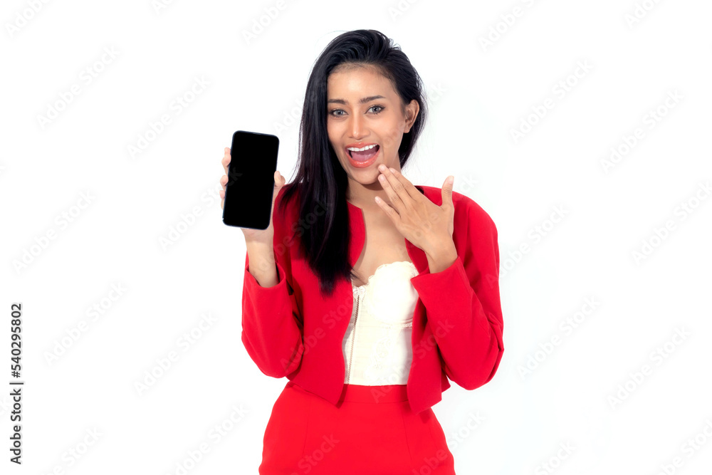 Beautiful Asian brunette woman cute girl in red dress ,Excited ...