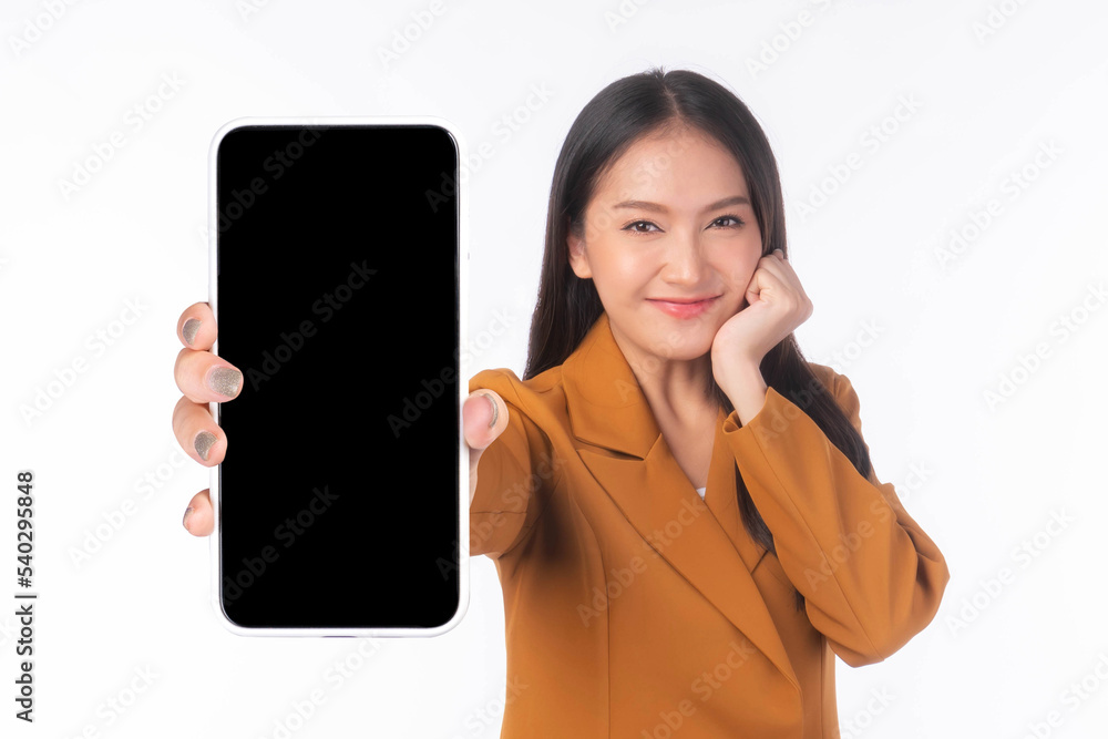 beautiful Asian young woman ,Excited surprised girl showing smart phone ...