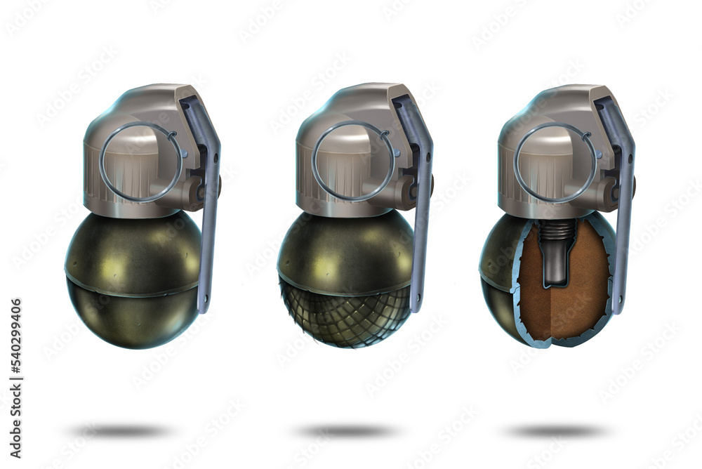 Collection of realistic fragmentation grenades RGN and RGO. 3d illustration on a light ...