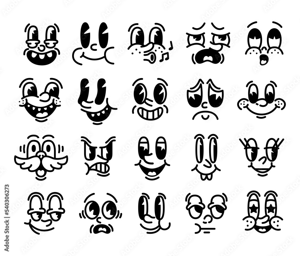 Vetor de Retro faces. Emotion expression vintage mascot with eyes and ...