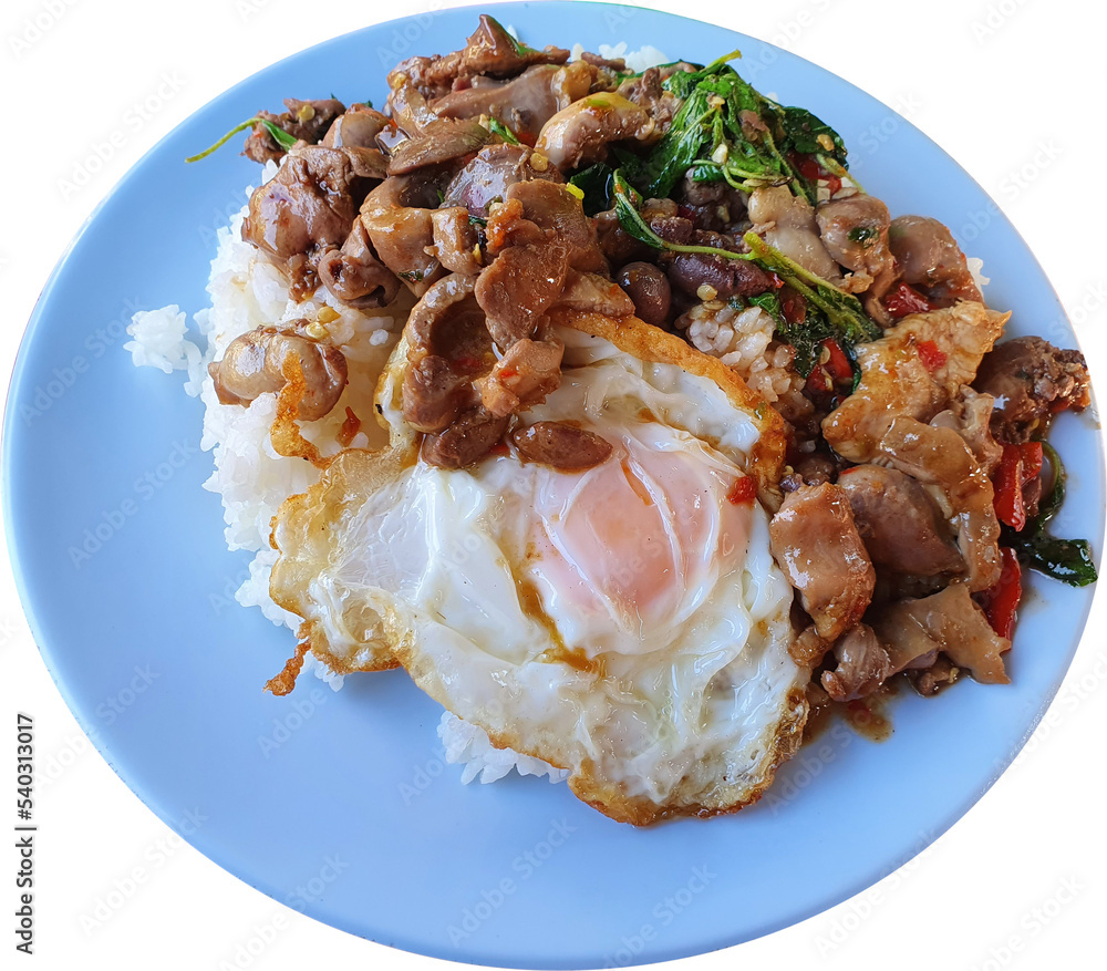 Thai famous street food, Pad Ka prao kruang nai kai dao. Stir fried ...