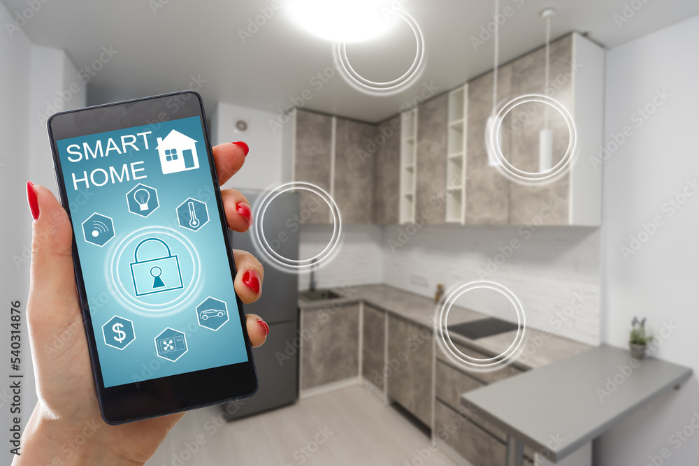 Smart home technology interface on smartphone app screen with augmented ...