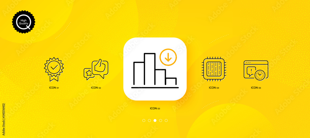 Certificate, Like and Project deadline minimal line icons. Yellow abstract background. Cpu ...