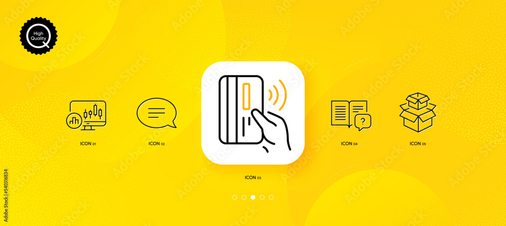 Instruction manual, Chat and Candlestick chart minimal line icons. Yellow abstract background ...