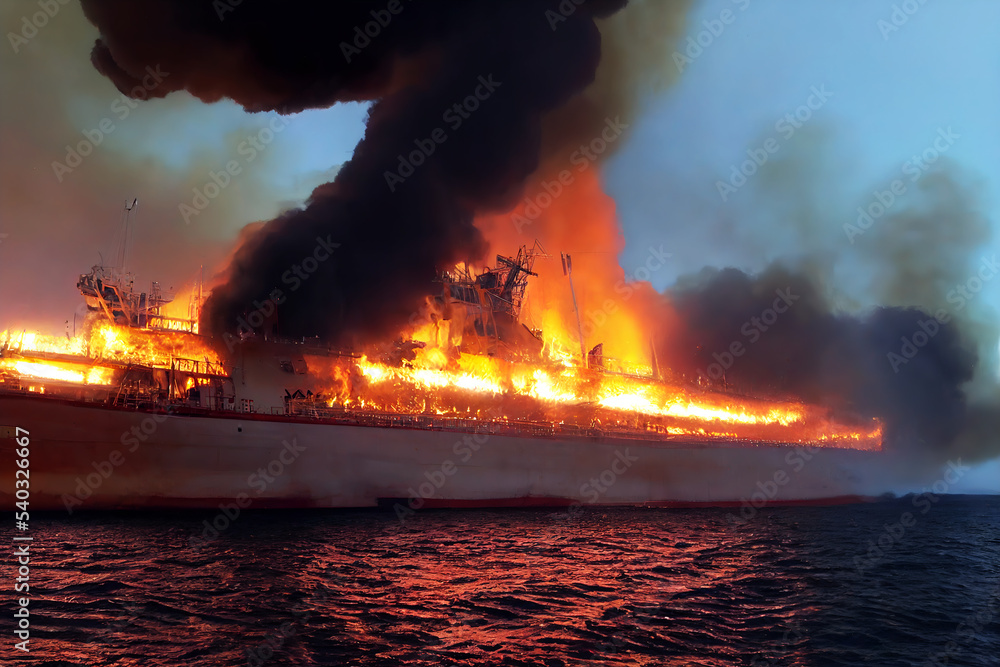 Fire on a cargo ship. A ship carrying liquefied gas is engulfed in ...
