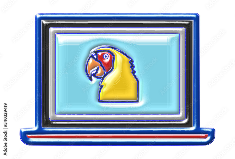 Illustration of a notebook computer with a parrot on the screen. White ...