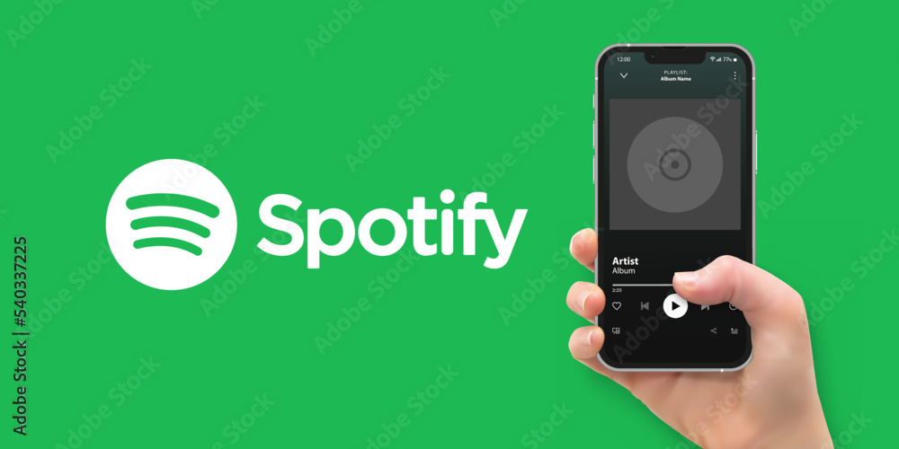 Vetor de Woman hand holding the smartphone with Spotify player mockup ...