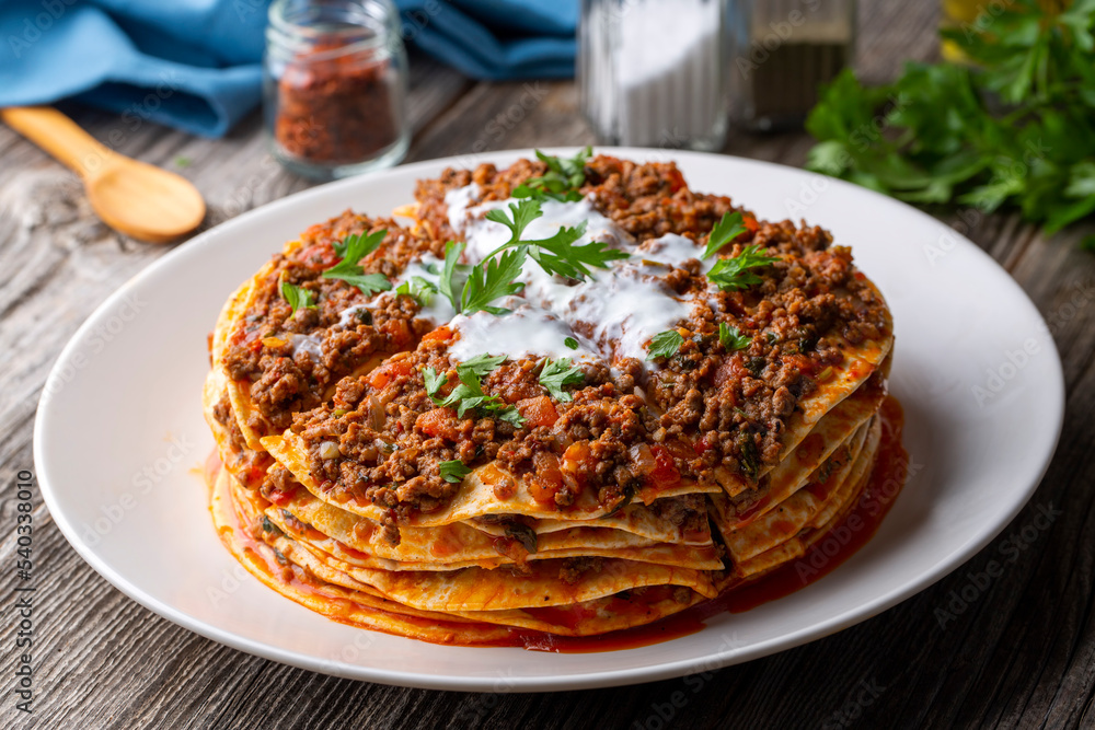 Turkish Food Kayseri Yaglama with Minced Meat, Yogurt and Tomato Paste ...