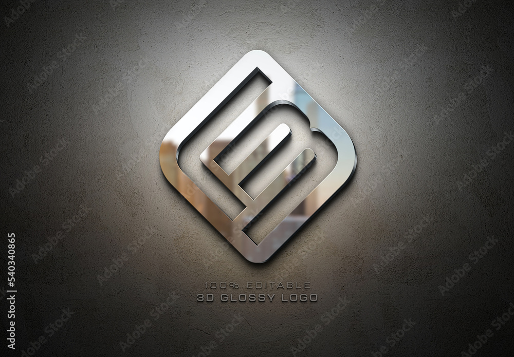 Metal Logo Mockup with Blue 3D Reflection Effect on Dark Wall Stock ...