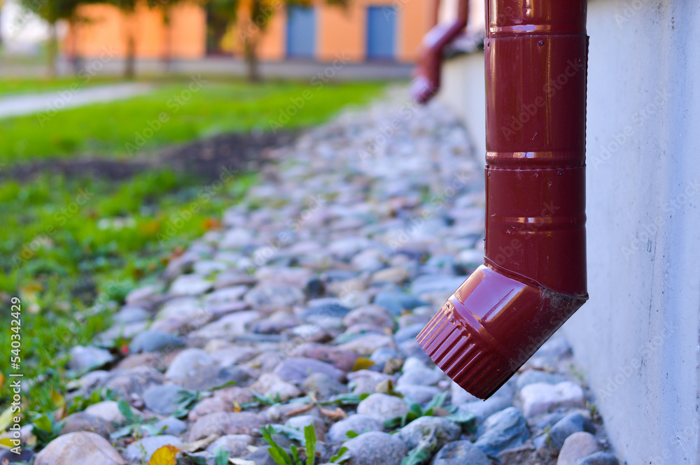 Red gutter box water collector box for roof drainage. Sink Rainwater ...
