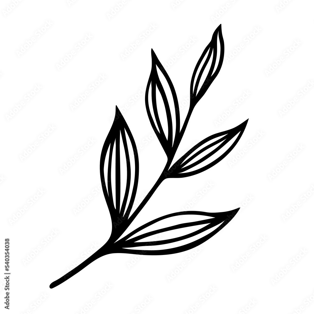 Tree branch vector icon. Veins on leaves with a stem. Black outline ...