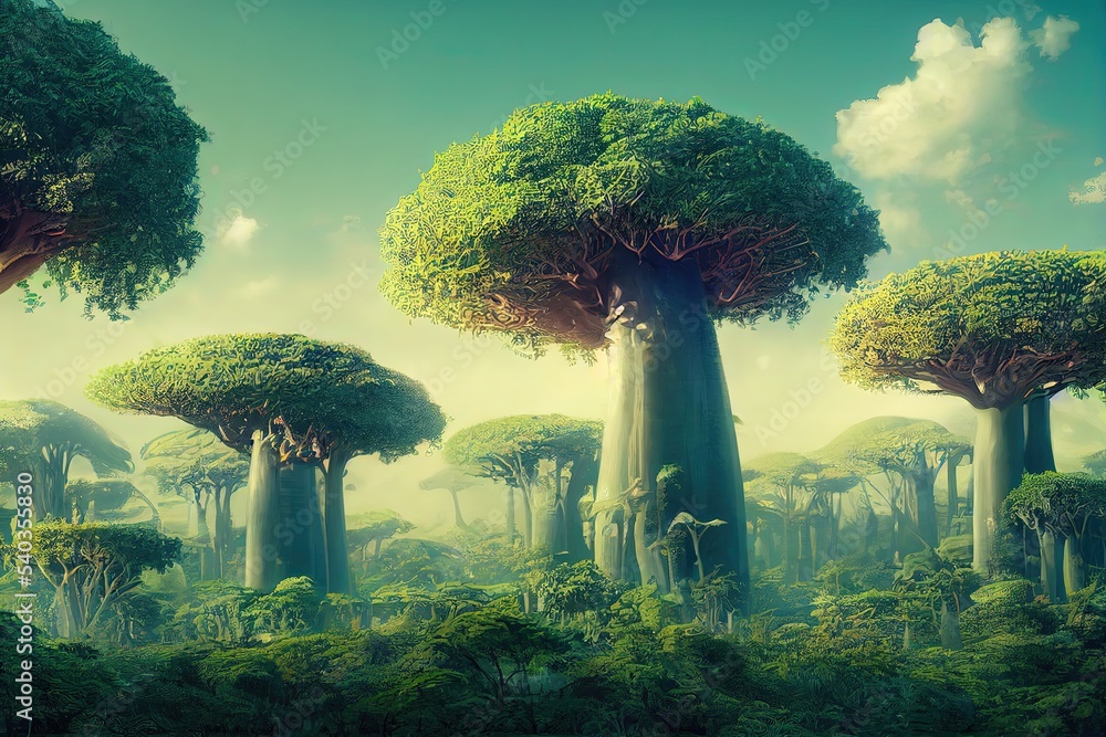 Fantasy concept showing a Madagascar Fat ol baobab trees. digital art ...