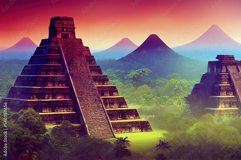 Fantasy concept showing a Tikal, Guatemala An ancient Mayan city ...