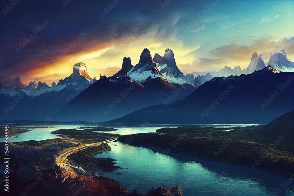 Fantasy concept showing a Torres del Paine, Chile Strange cliffs and a ...