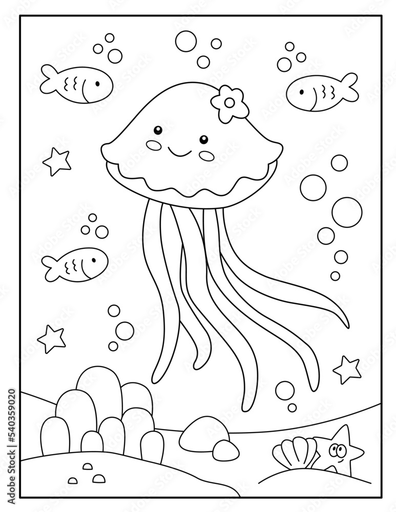 Cute jellyfish coloring page for kids Stock Vector | Adobe Stock