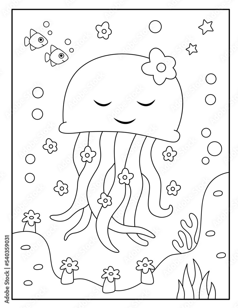 Cute jellyfish coloring page for kids Stock Vector | Adobe Stock