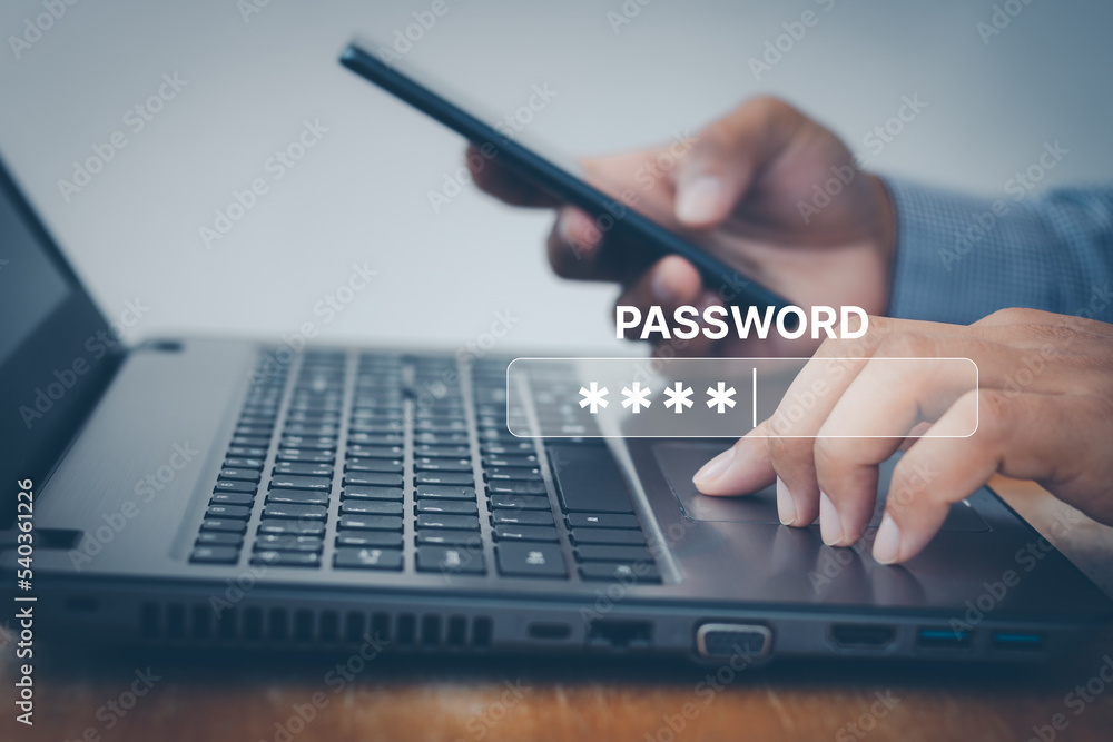 Cyber security concept. Businessman's hand enter a one time password ...