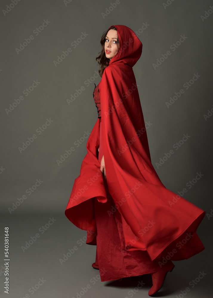 Full length portrait of woman wearing red medieval fantasy costume ...