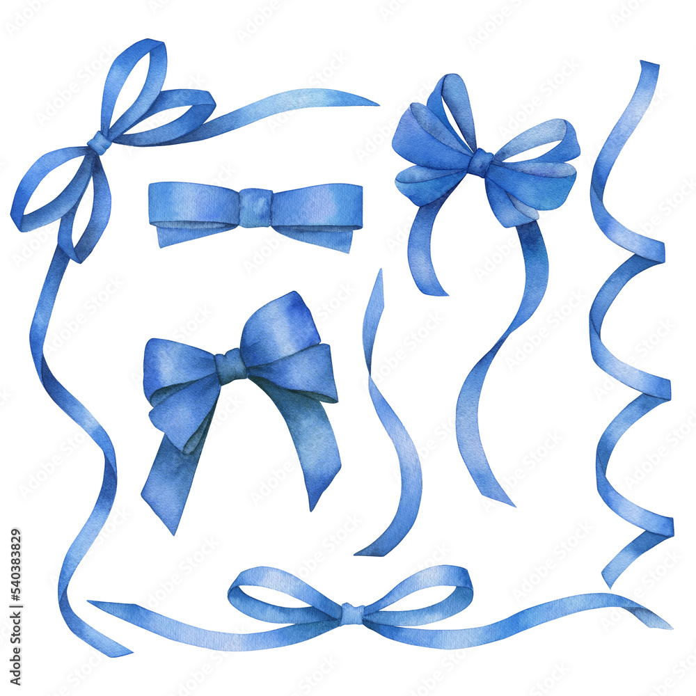 Watercolor set of isolated blue bows on white background. Ribbons ...