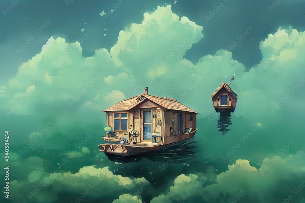 Fantasy Tiny house Floating above a boat Stock Illustration | Adobe Stock