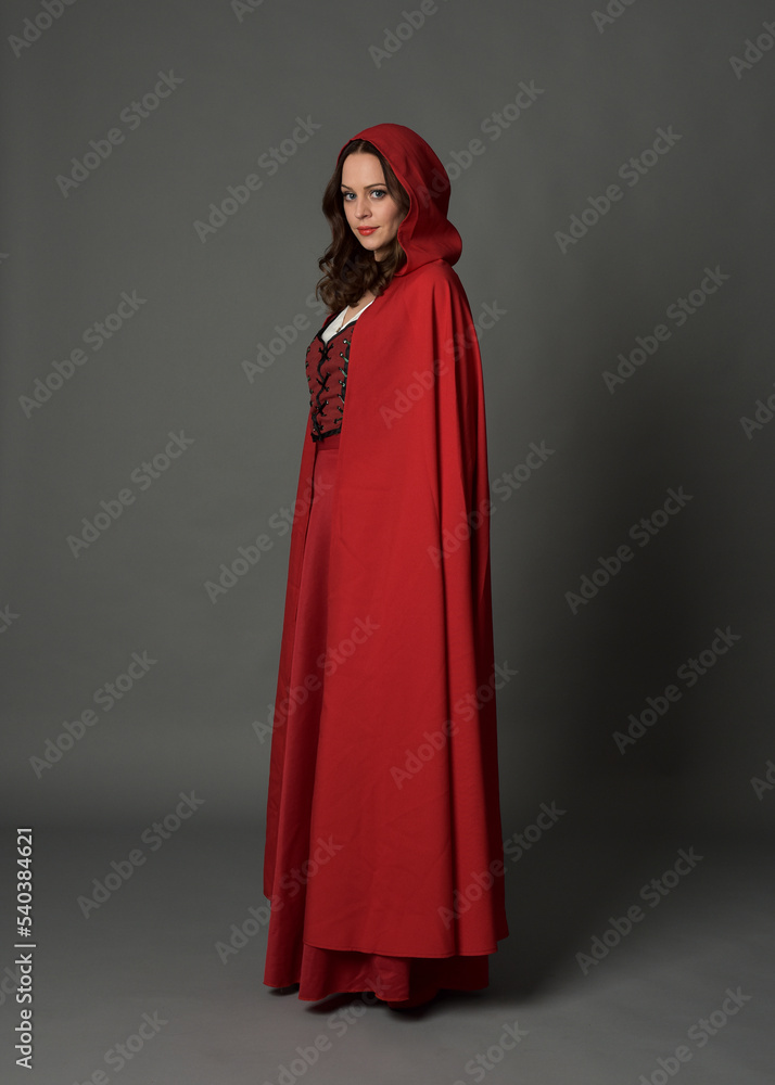 Full length portrait of woman wearing red medieval fantasy costume ...