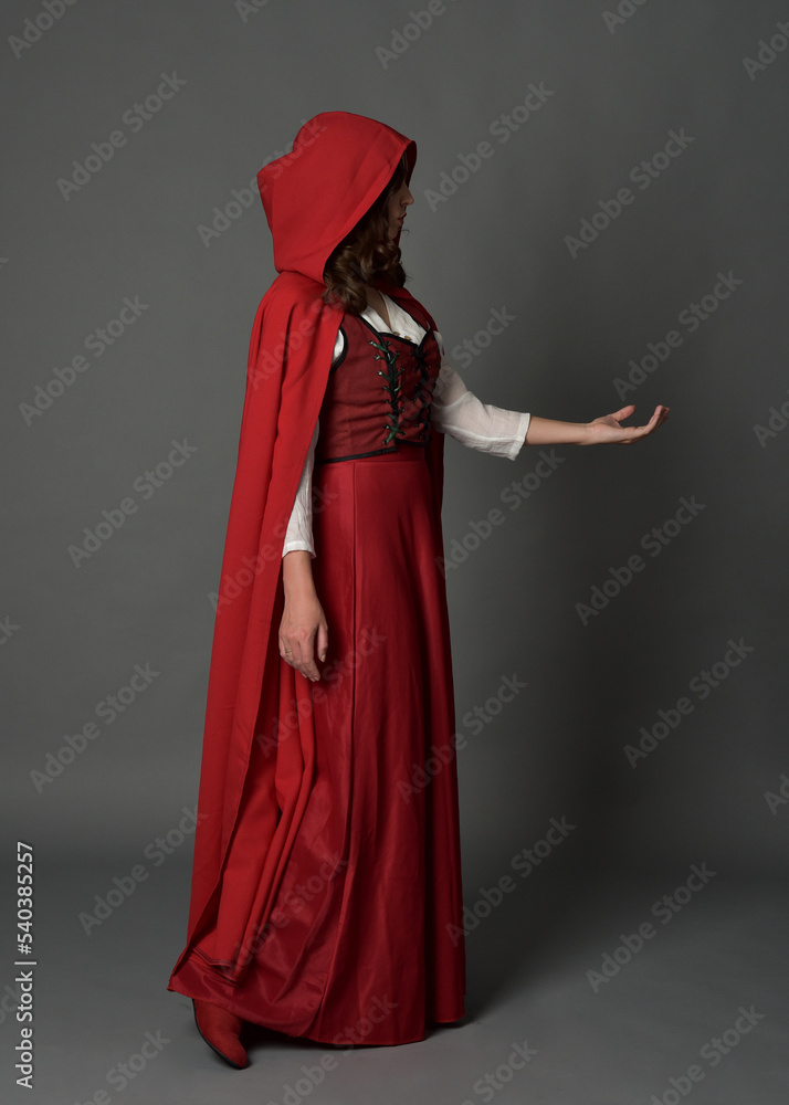 Full length portrait of woman wearing red medieval fantasy costume ...