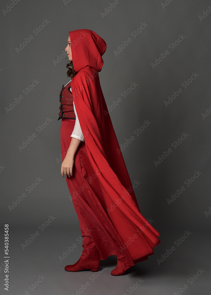 Full length portrait of woman wearing red medieval fantasy costume ...