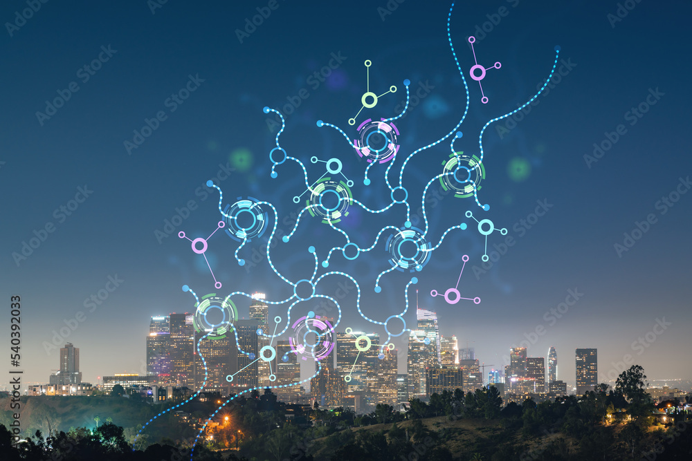 Los Angeles illuminated skyline panorama downtown at night, California ...