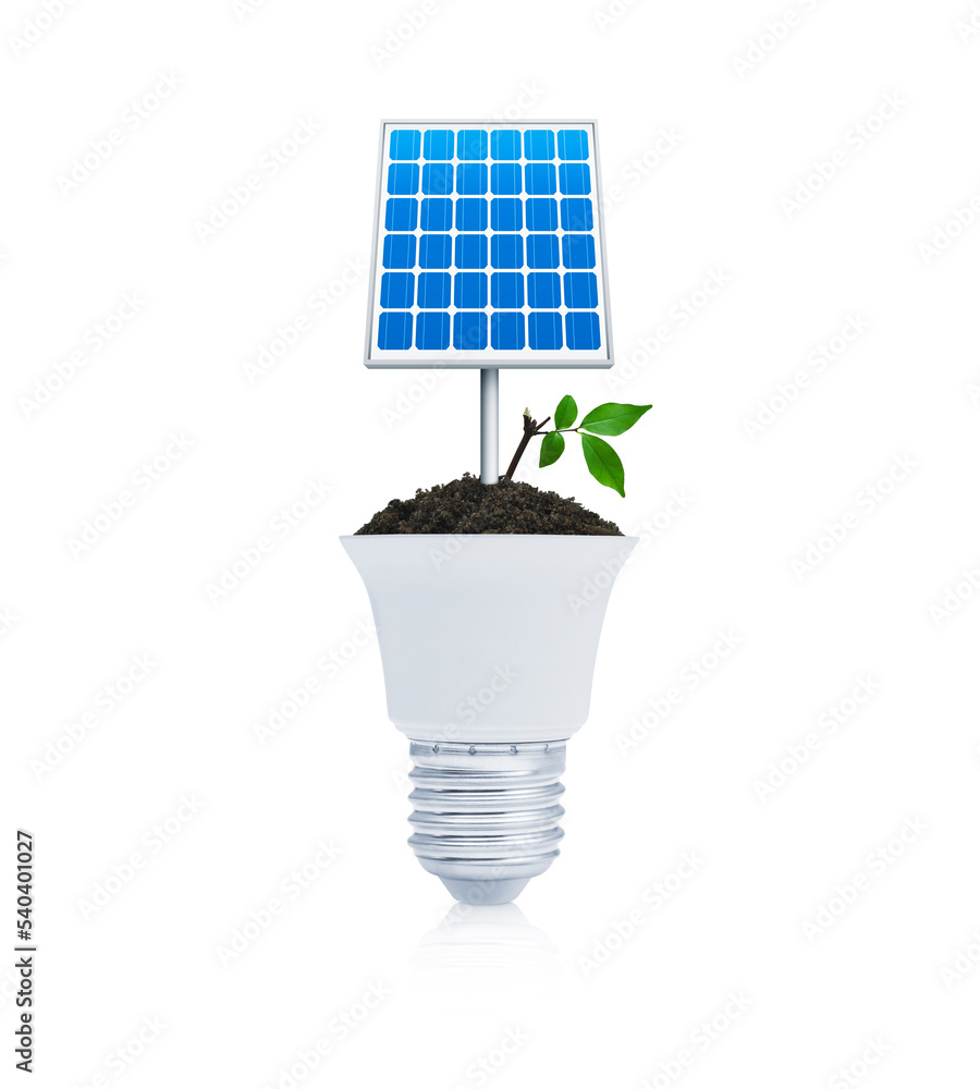 Solar cell and fresh green tree leaves on soil with led light bulb on ...