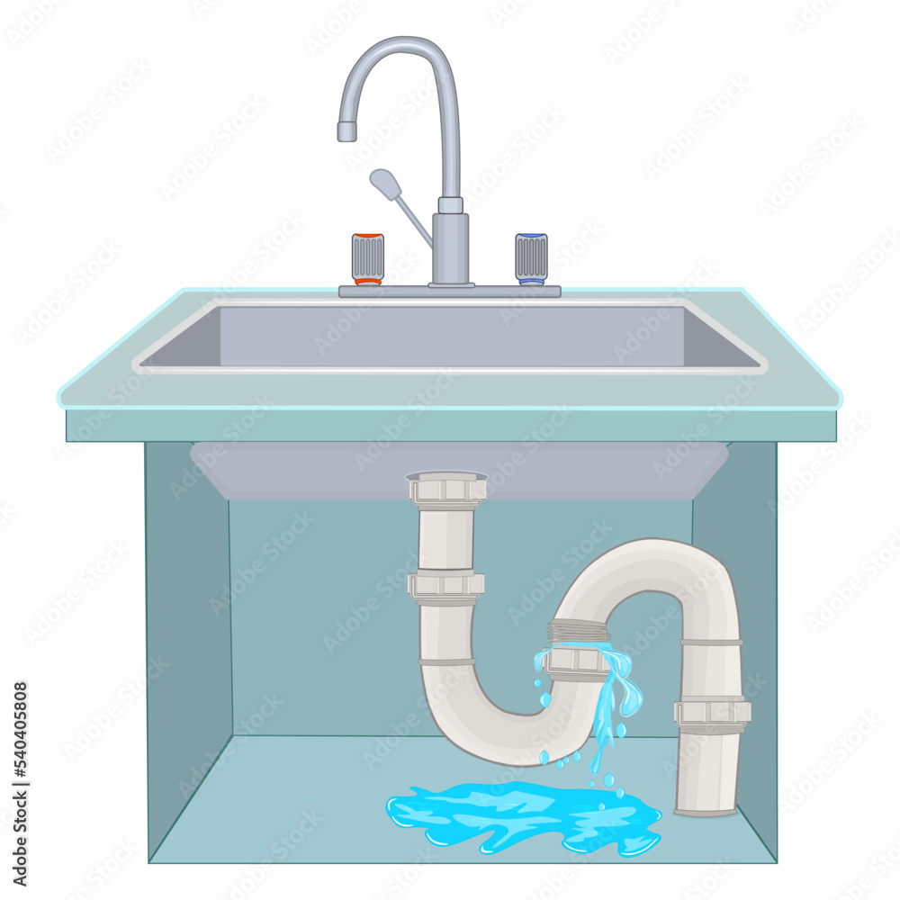 Kitchen sink with leaky plumbing pipe. Leaky valve, burst tube, crack ... Kitchen sink with leaky plumbing pipe. Leaky valve, burst tube, crack ...