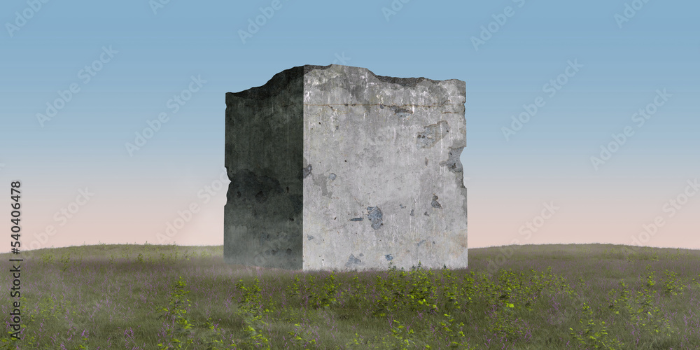 Nature landscape with grass field and cube stone ruin, ancient square ...
