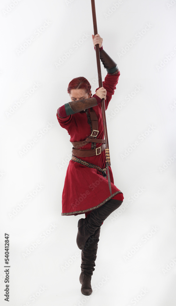full length portrait of beautiful woman wearing a red medieval fantasy ...