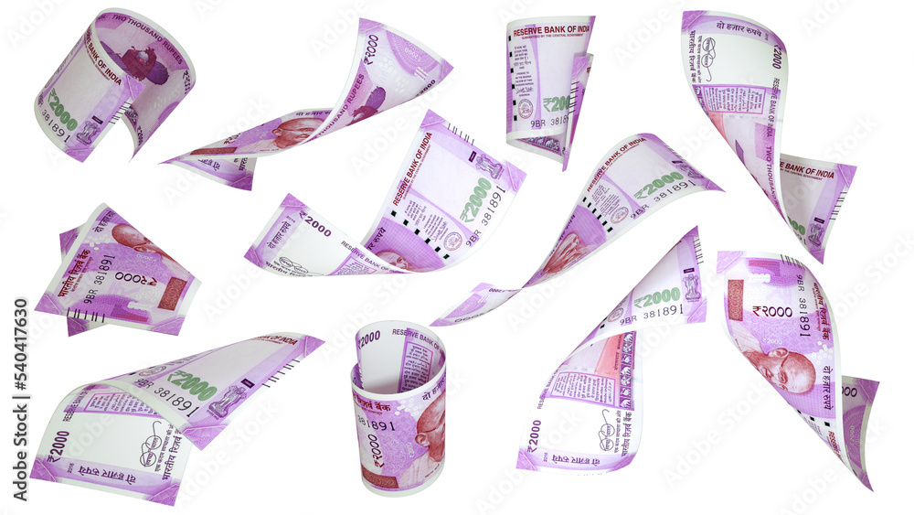 3D rendering of 2000 Indian rupee notes flying in different angles and ...