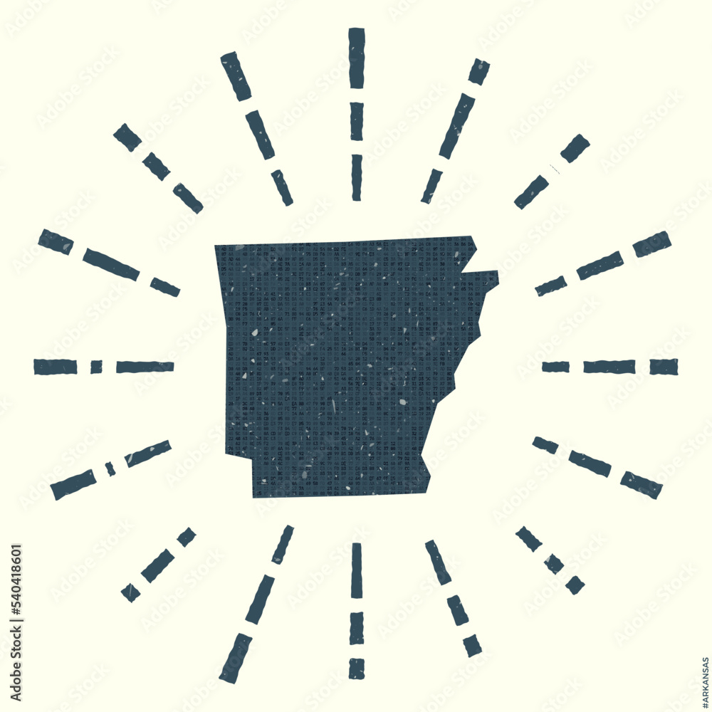 Arkansas Logo. Grunge sunburst poster with map of the us state. Shape ...