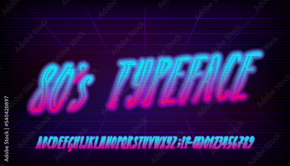80s typeface alphabet font. Hand drawing neon letters, numbers and ...