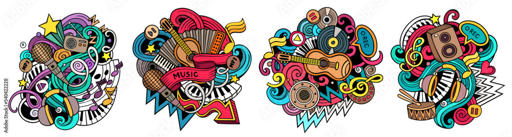Music cartoon vector doodle designs set Stock Vector | Adobe Stock