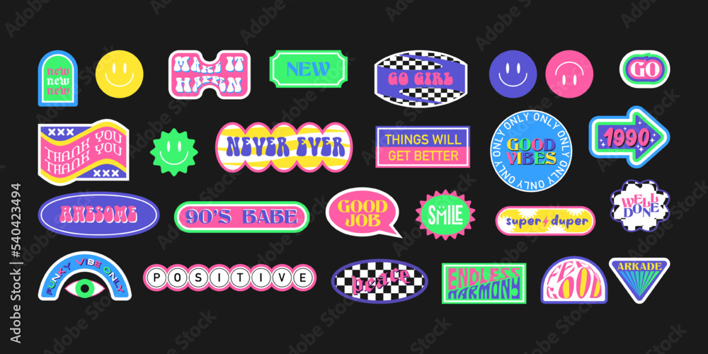 Cool trendy retro stickers with smile faces, cartoon comic label ...