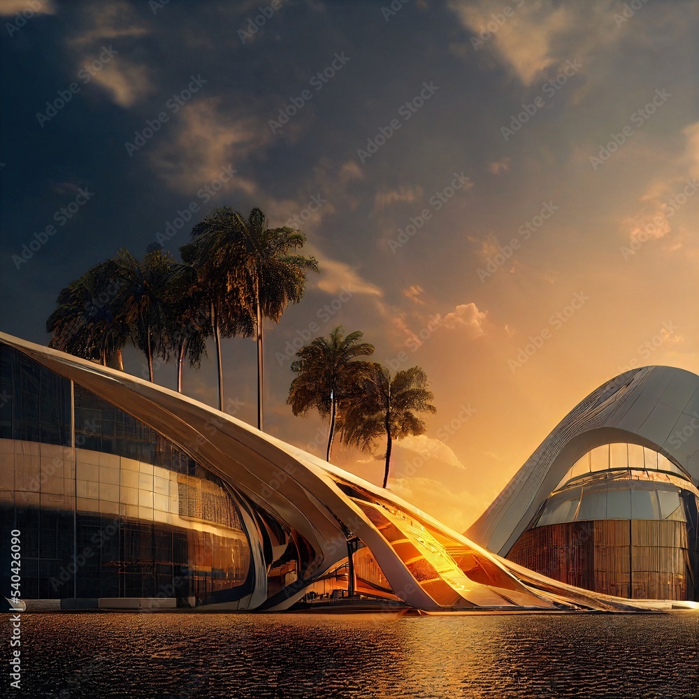 science fiction architecture, futuristic building, sunset over the ...