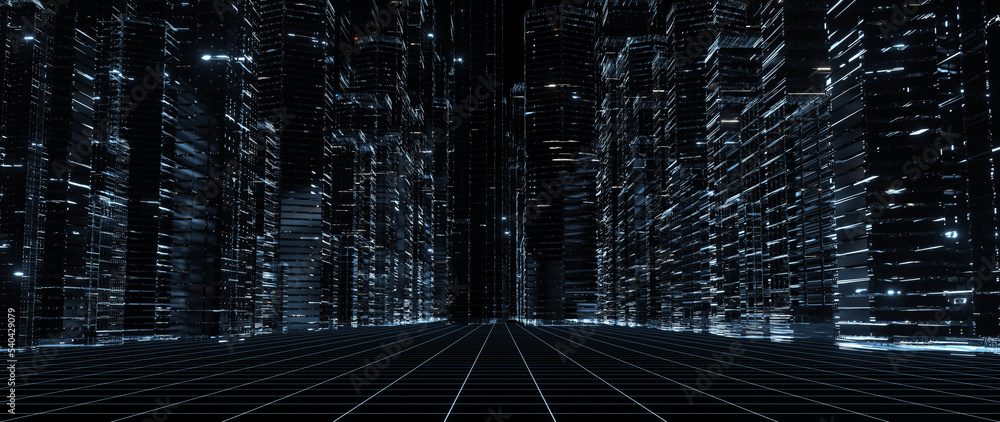 3D Rendering of neon hologram city with line grid floor. Ultra wide ...