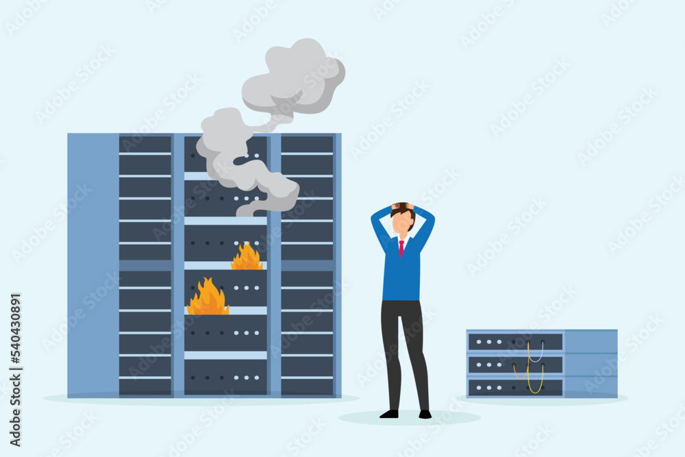 System admin servicing Server Racks with Burning Fire inside 2d vector ...