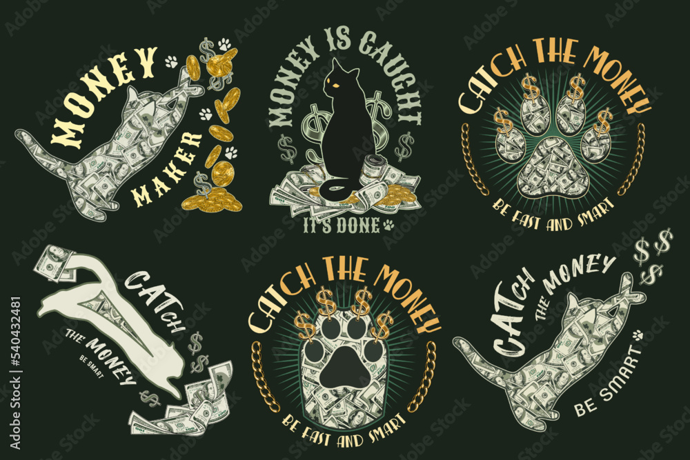 Set of labels with silhouette of cat, 100 US dollar bills, gold coins ...