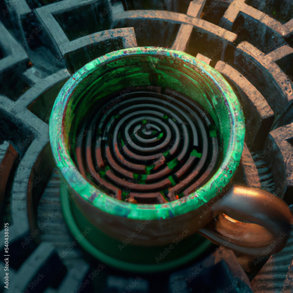 Digital illustration of ancient magical cup of tea coffee surrounded ...