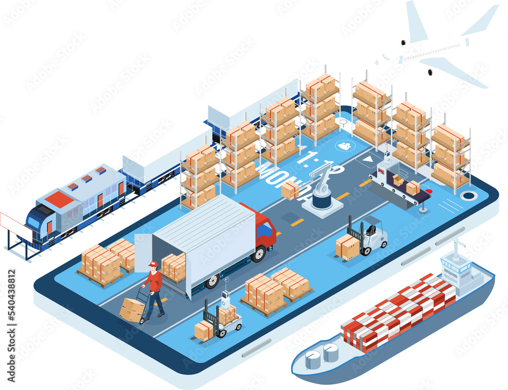 Isometric 3D Smart Industry concept with delivery tracking system on ...