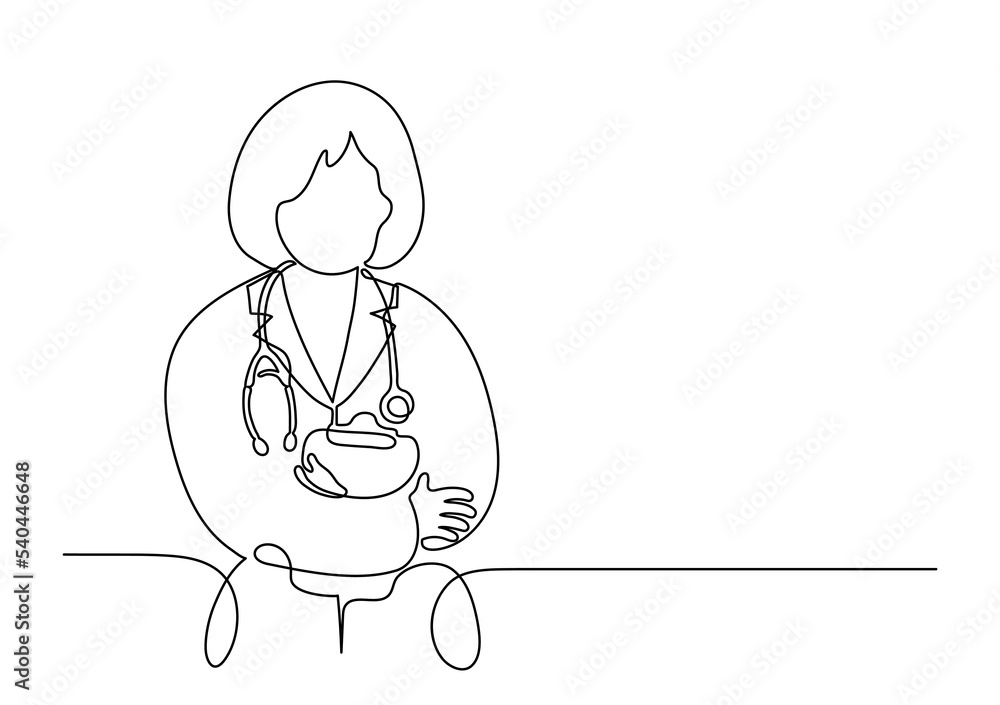 Female physician. Continuous line drawing doctor. Medicine concept ...