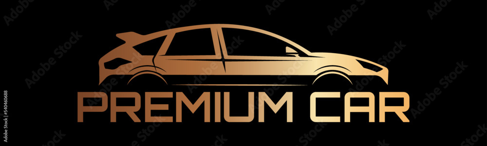 Gold logo with modern car. Premium luxury car care, car workshop, car ...
