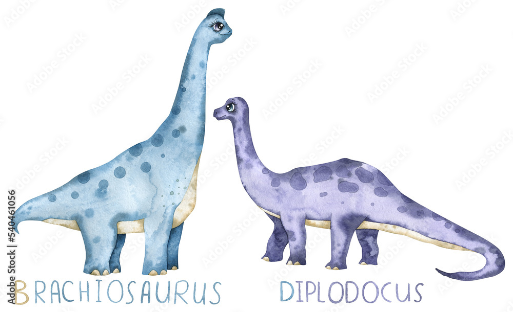 Watercolor set with cute dinosaurs. Blue and violet brachiosaurus and ...