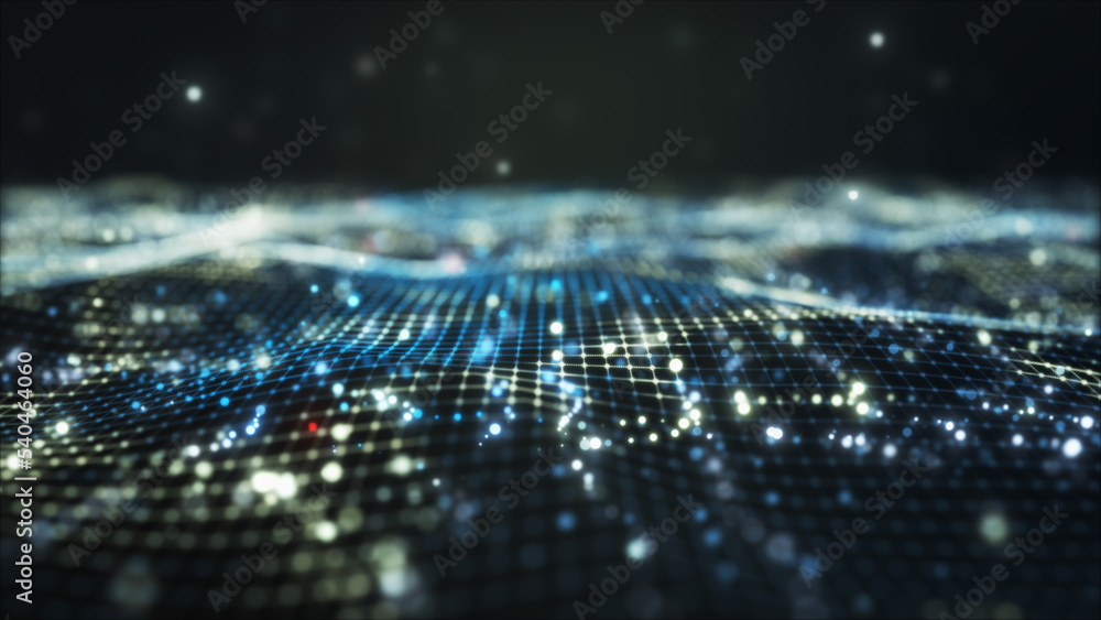 Futuristic flying over 3D green blue digital landscape mountain terrain ...