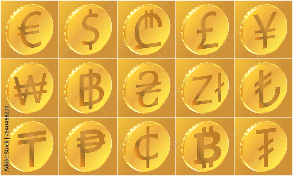 3d golden set of vector images of coin symbols from around the world ...