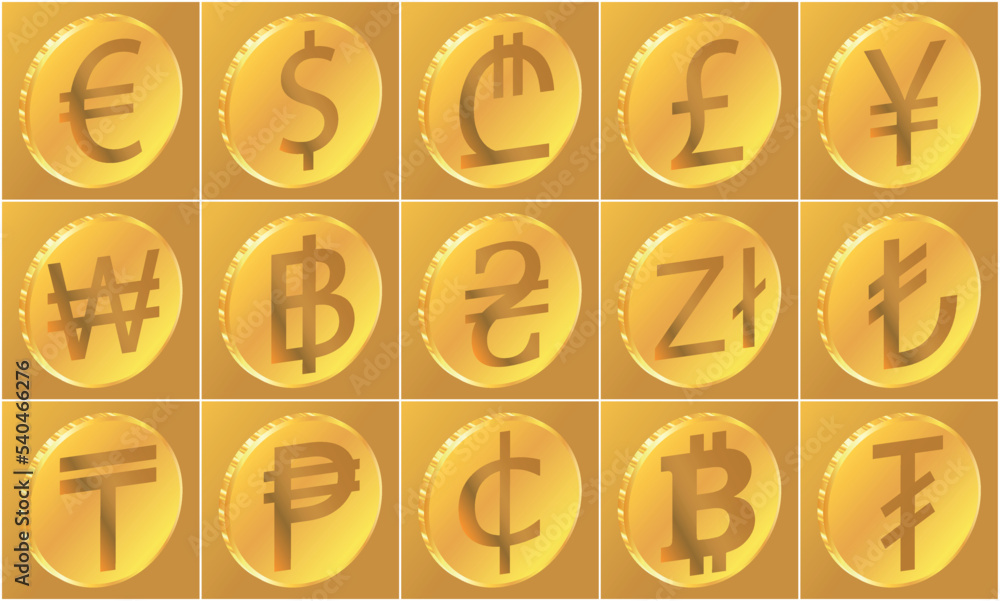 3d golden set of vector images of coin symbols from around the world ...